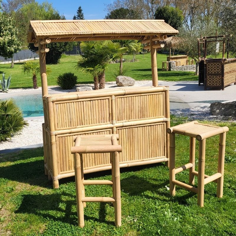 Petit bar en bambou avec 2 chaises – Style naturel & compact – Pandam